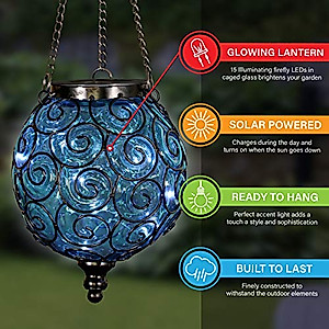 Exhart Outdoor Garden Solar Lights, Round Glass and Metal Hanging Lantern, 15 Firefly LED Lights, 7 x 20 Inch, Blue