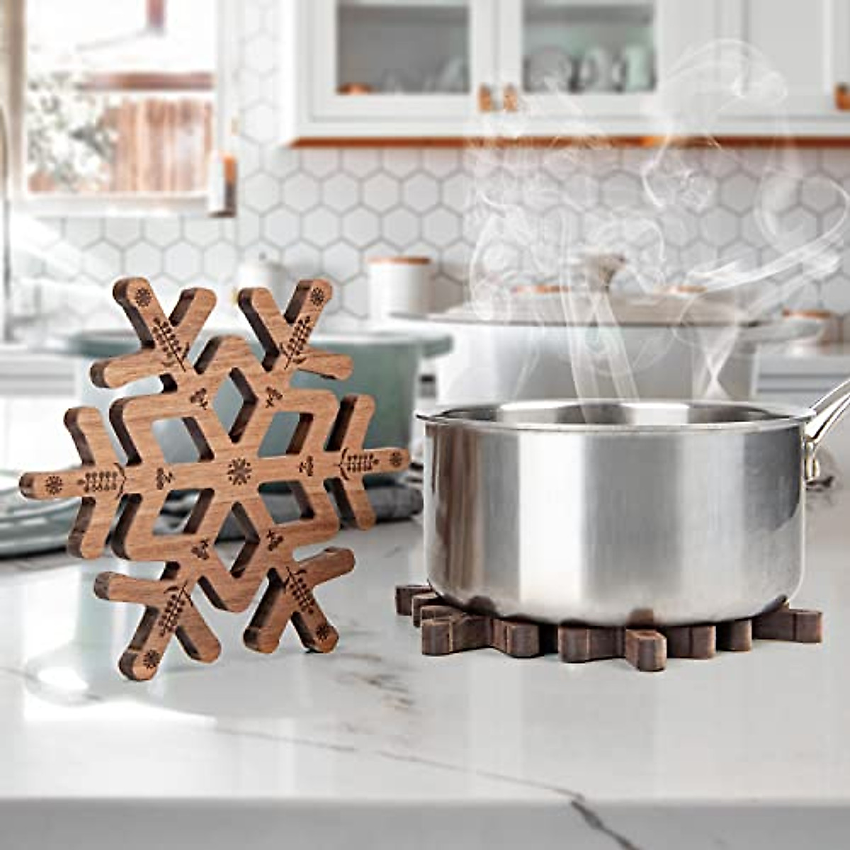 Naturoom Acacia Wood Trivets, Set of 2, Decorative Wooden Kitchen Hot Pads, for Hot Dish, Pan and Tea Pot Holder, Nonslip Coaster. (9.5''L x 8.4''W x 0.6''H)