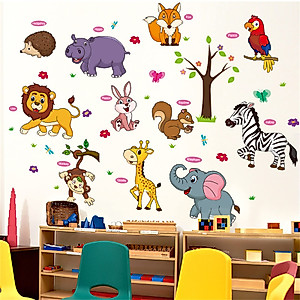 Animal Wall Sticker Cartoon Baby Children DIY Art Decal Self-Adhesive Wallpaper Mural Decorate for Living Room TV Sofa Background Bedroom Kids Room Nursery