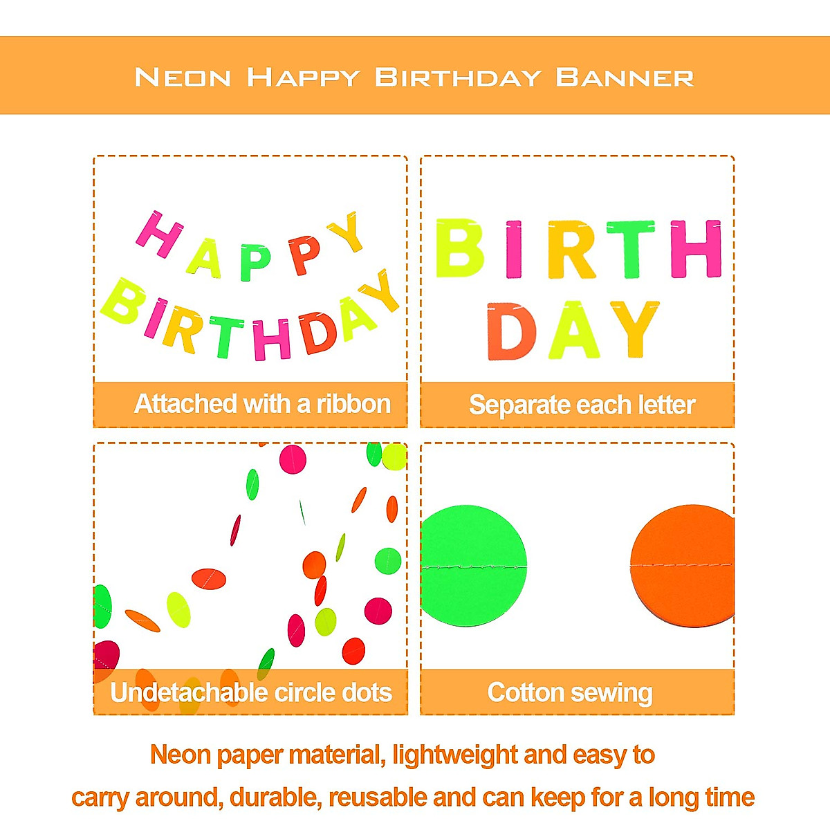 Neon Happy Birthday Banner, Glow in the Dark Birthday Banner Rainbow Neon Sign Black Light Party Supplies and Decorations for Kids Adults