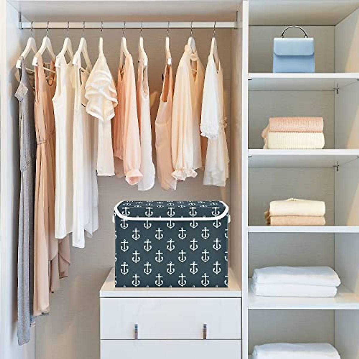 Kigai Storage Basket Blue Sea Anchor Nautical Storage Boxes with Lids and Handle, Large Storage Cube Bin Collapsible for Shelves Closet Bedroom Living Room, 16.5x12.6x11.8 In