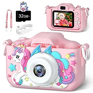 Anesky Kids Camera, Toy Camera for Kids Aged 3 4 5 6 7 8 9 10 11 12, 1080P HD Toddler Digital Video Camera, Children's Camera for Boys and Girls, Perfect Christmas & Birthday Gifts, 32GB Card - Pink