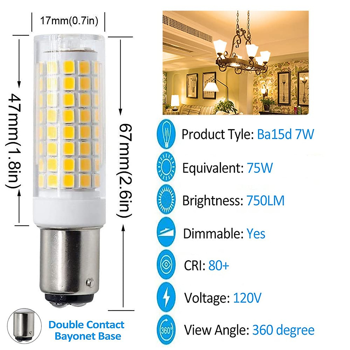 BA15D Led Light Bulbs 120V Dimmable 7W Double Contact Bayonet Base, 75W JD Type T3/T4 Halogen Equivalent, BA15D LED Bulb 3000K Soft Warm White for Sewing Machine Pendants Wall Light