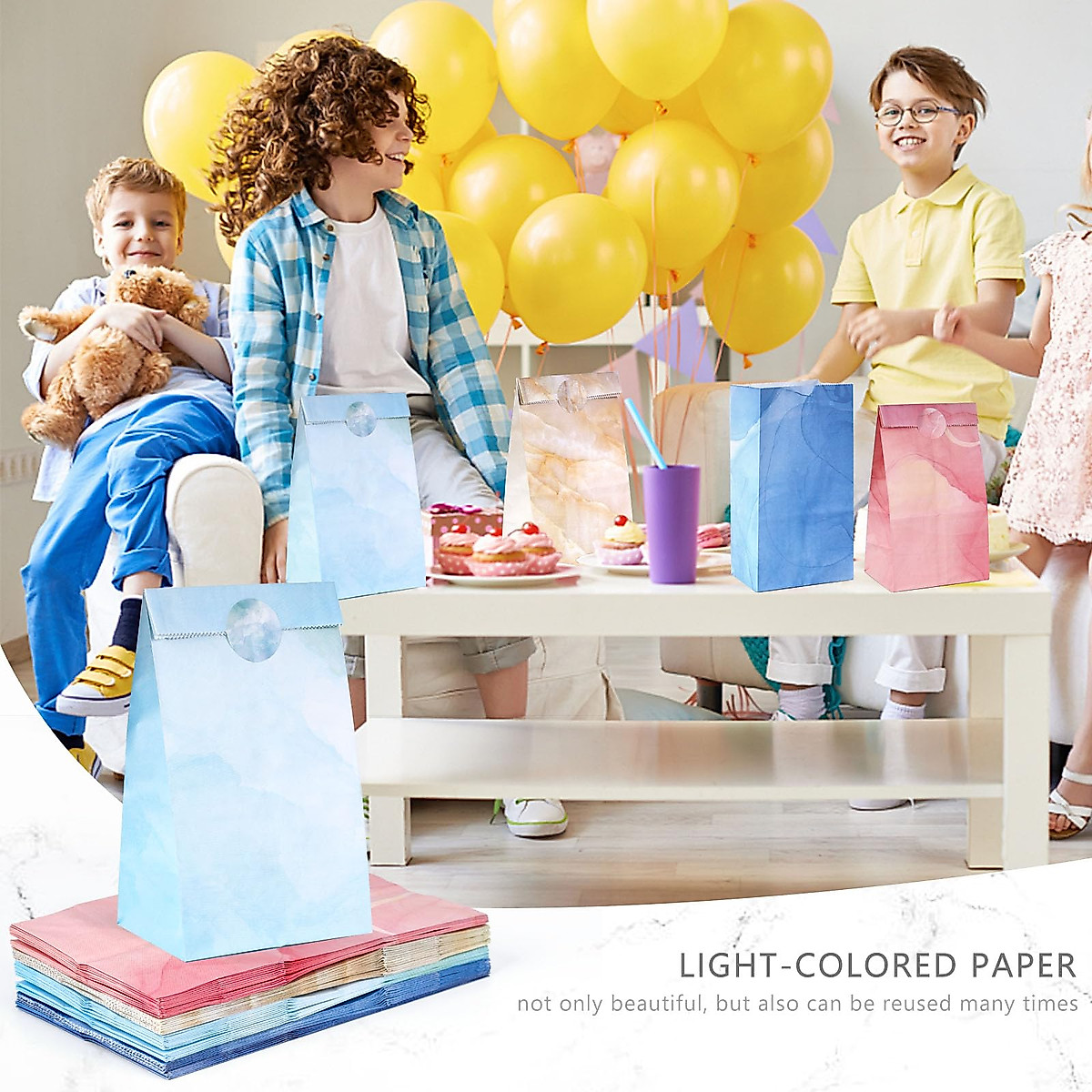 Shindel 54PCS Party Favor Bags with Stickers, Colorful Marbleized Treat Bags Goodie Bags Kids Birthday Gift Bags Party Accessories for Kids Birthday Party 4.7" x 3.1" x 8.7"