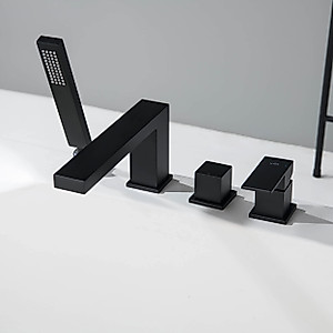 KIBI Cube Single Handle Roman Tub Faucet with Hand Shower Deck Mounted Bathtub Faucet Set with Diverter (Matte Black) (KTF3102)