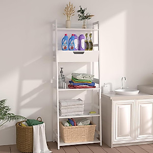 Bookshelf with Drawer, 5 Tiers Bamboo Bookcase Book Shelf Storage Organizer Modern ladder Shelf Display Stand Shelving Unit Tall Book Shelf Corner Rack for Home Office,Living Room,Kitchen,Bedroom,Toy