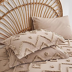 inron Khaki Queen Comforter Set Tufted Bed in a Bag Queen 7 Pieces,Geometry Shabby Chic Boho Comforter and Sheet Set.Jacquard Farmhouse Bedding for All Season(Khaki,90”*90”)