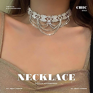 JEAIRTS Rhinestone Choker Necklace Silver Layered Crystal Necklaces Sparkly Tassel Necklace Chain Jewerly Fashion Party Accessories for Women