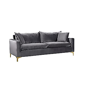 Meridian Furniture Naomi Collection Sofa With Stainless 1 Modern | Contemporary Velvet Upholstered Stainless Steel Base in a Rich Gold or Chrome Finish, Grey