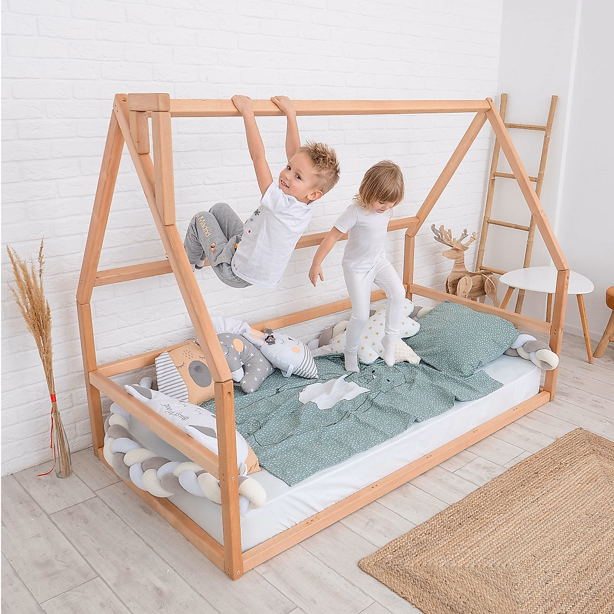 BUSYWOOD Kids Montessori Design Play Room- Toddler Floor Bed House Frame - Montessori Bed Twin - House Frame Toddler Bed (Model 1, Floor Bed)