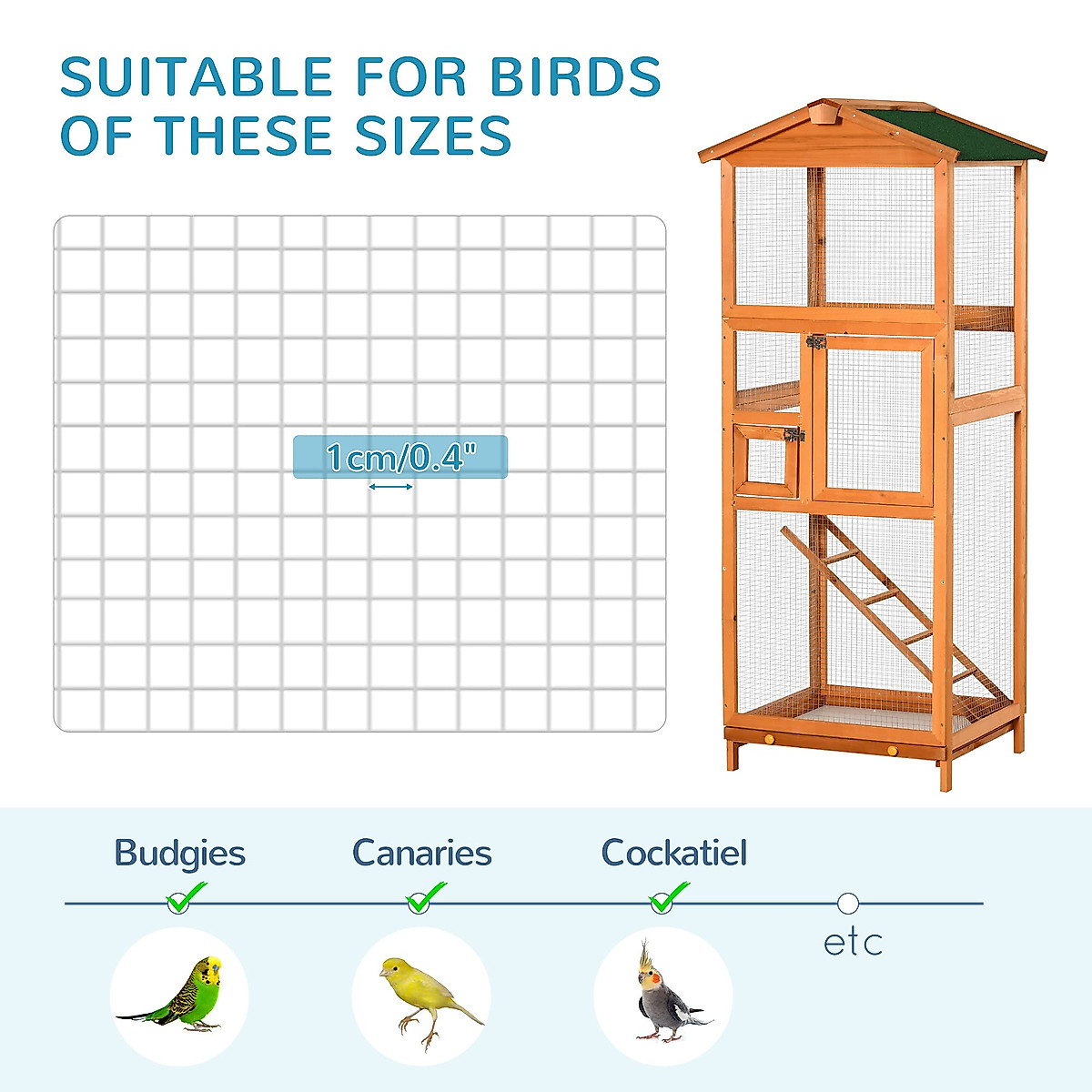 PawHut 65" Wooden Bird Cage Outdoor Aviary House for Parrot, Parakeet, with Pull Out Tray and 2 Doors, Natural