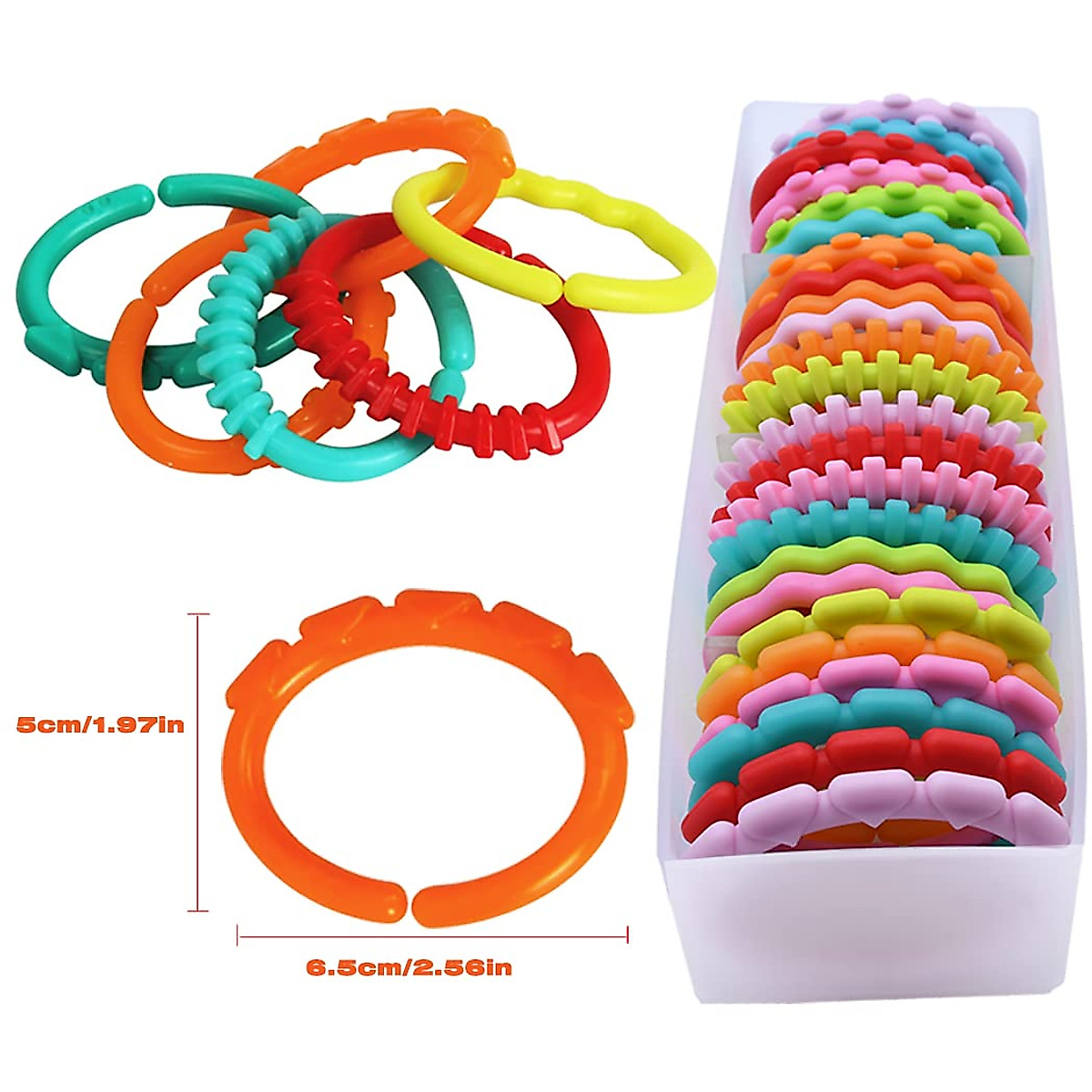 COLVWOFA 24 Pack Baby Rings Link Toys for Hanging Toys, Connecting Rings Toys for Infant Boy Girl, Early Learning Toys Car Seat and Stroller Travel Accessory Set with Storage Box