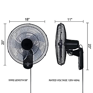 SLEE Wall Mount Fan Oscillating 18 Inch 3 Speed Indoor Outdoor with Remote Control Strong Wind