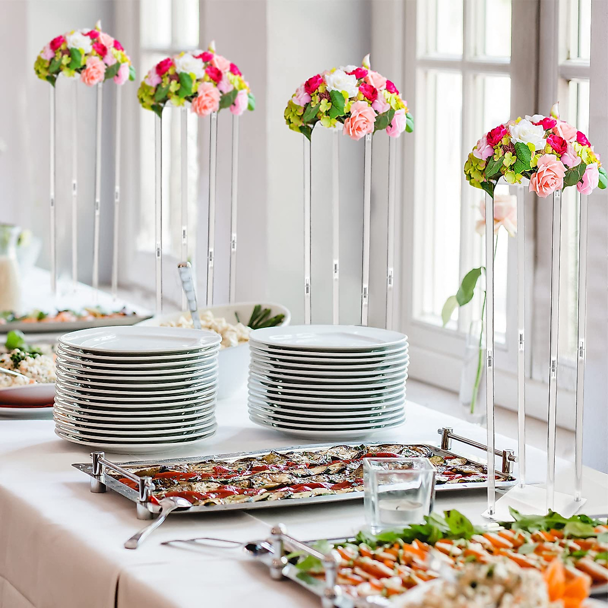 6 Pcs Flower Stand for Wedding Centerpieces for Tables Tall Vase Stand Wedding Flower Stands with Plates for Wedding Party Home Table Decor (7.9 x 7.9 x 31.5 Inch, Acrylic)