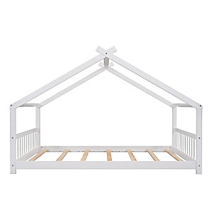 Full House Beds White Montessori Bed Wood Frame Kids Platform Bed with Headboard & Footboard for Children Boys Girls Teens