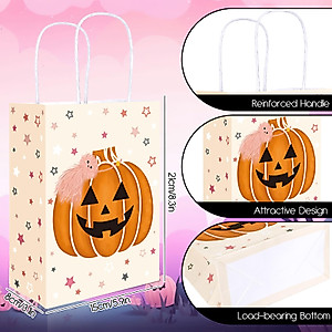 Whaline 24Pcs Pink Halloween Party Gift Bags with Handles Cute Ghost Boo Bat Evil Pumpkin Cat Paper Goodie Bags Candy Treat Bags for Birthday Wedding Baby Shower