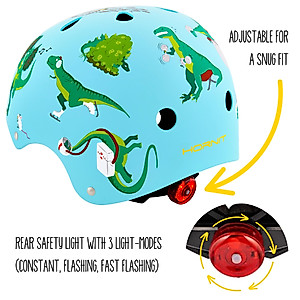 Hornit Mini Lids Kids Helmet. Fully-Adjustable Multi-Sport Hard Shell Helmet with Rear Safety Light, Medium, Jurassic