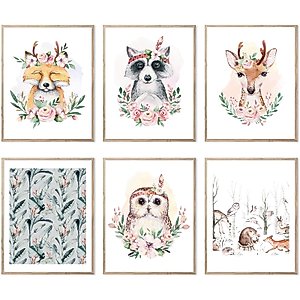 JITUIHOM Woodland Nursery Decor Set of 6 Safari Wall Art Decor for Baby Boys Girls, Watercolor Animals Flower Jungle Neutral Prints Posters for Kids Room Decor (8x10 Inch, UNFRAMED)