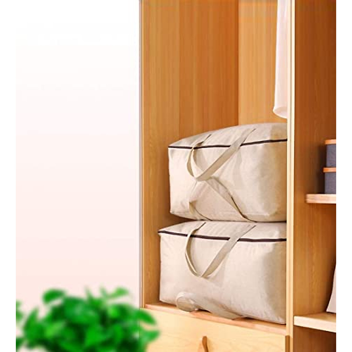 Beige Canvas Soft Storage Bags Set, Breathable Fabric, Large Different Size for Closet Shelves, 1pcs XL Bag, 2pcs L Size Bags