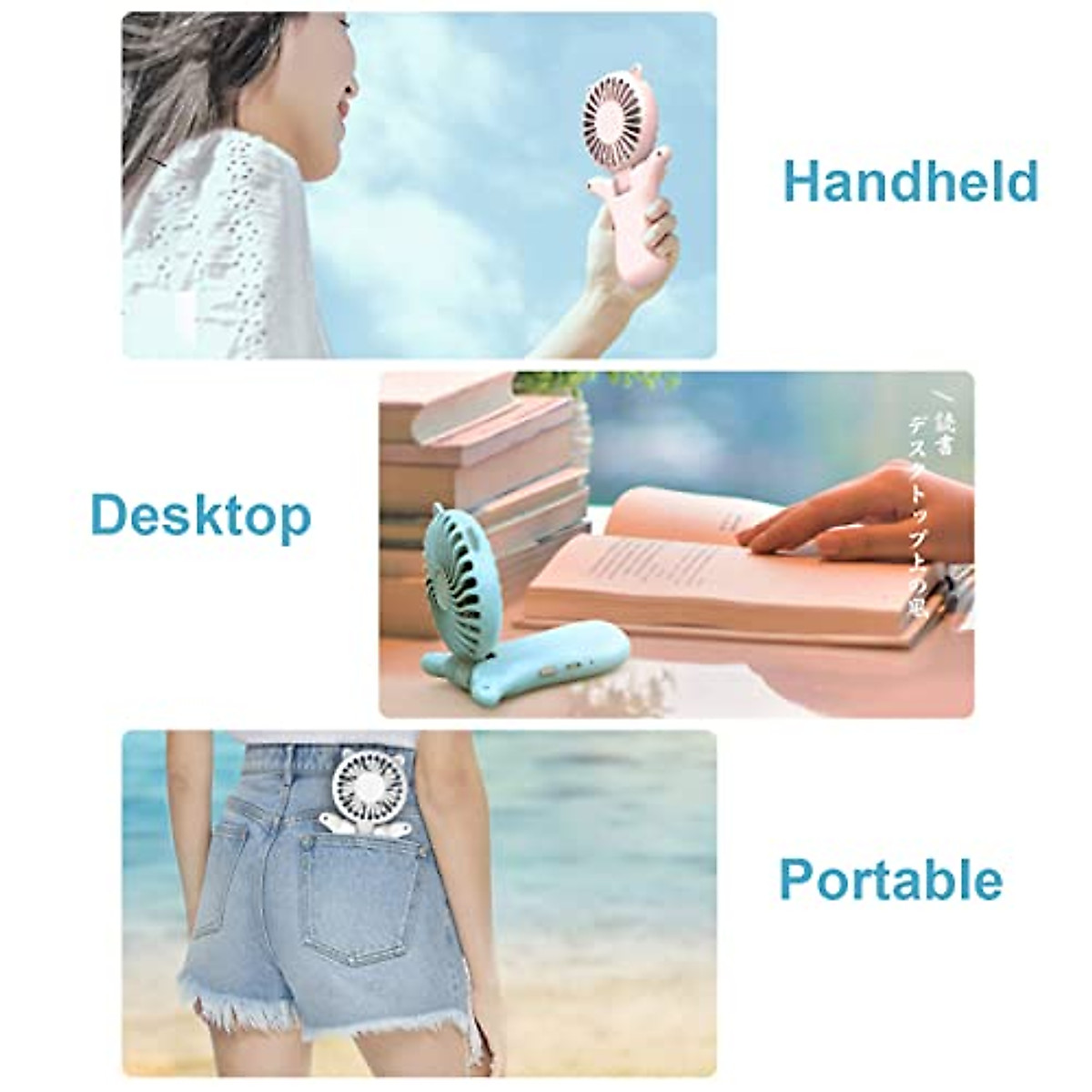 Yuewilai Portable Personal Neck Fan 3 in 1 Handheld/Wearable/Desk Mini Fans, Rechargeable Hanging Adjustable 3 Speed with Long-Lasting Battery for Travel Sports Home Traveling Office (White Cute)