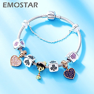 Dice Spades Symbol with CZ of Poker Charms, fit Pandora Mothers Day Bracelet, 925 Sterling Silver Four Suits in Cards Black Heart Beads, Gifts for Spring/Christmas/Valentines