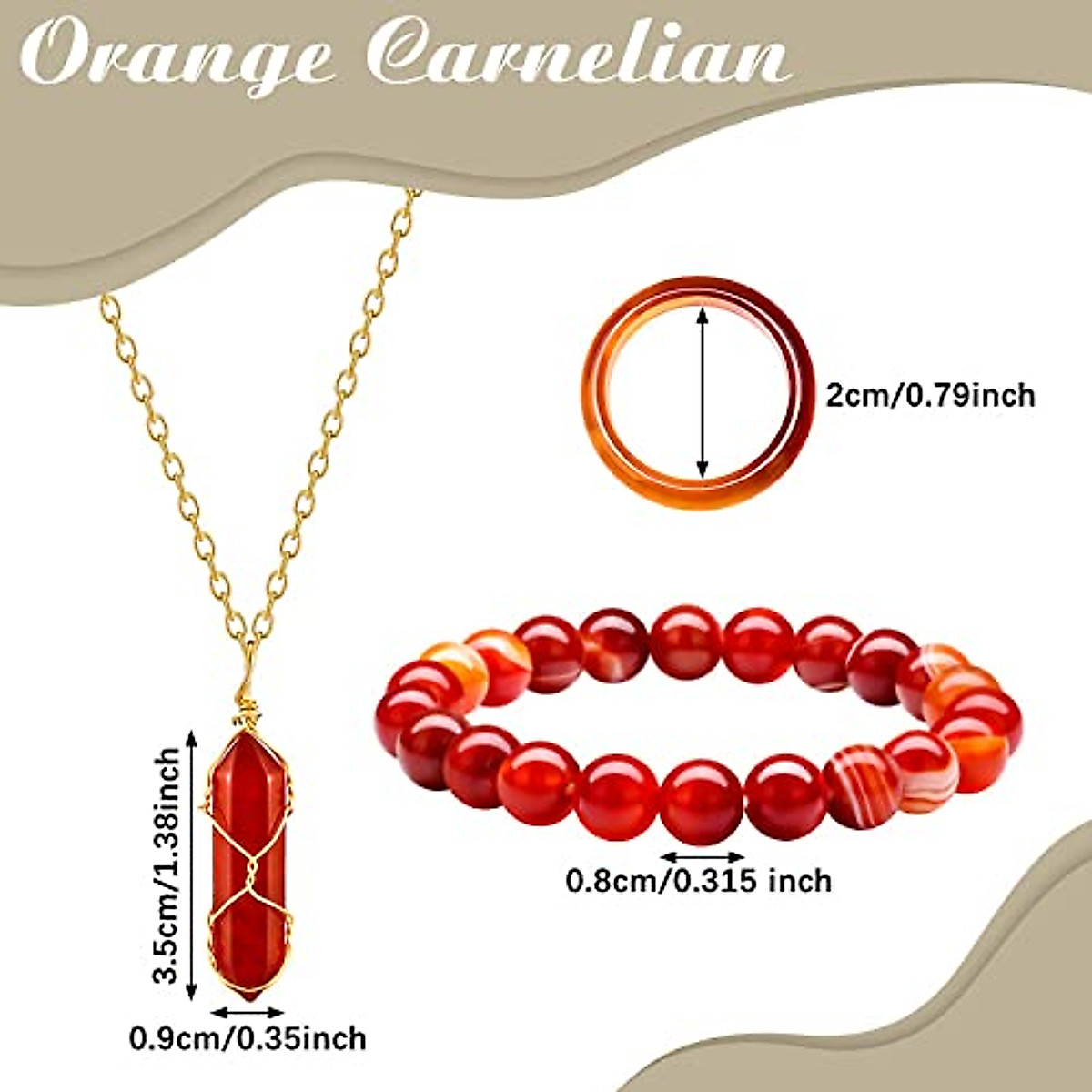 Hicarer Carnelian Crystal Necklace for Women Men Red Carnelian Rings Natural Relieve Anxiety Gemstone Bracelet Crystal Quartz Chakra Gems Stones (Classic Style)