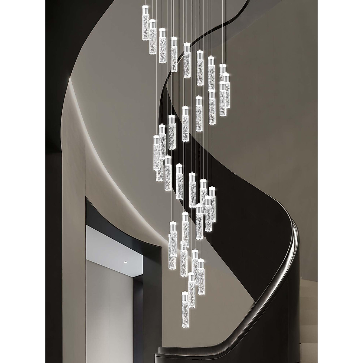 IDEQUY Large Crystal Chandeliers for High Ceilings 32-Lights Silver 150in Spiral Crystal Column Chandelier for Foyer Entryway LED Dimmable 3000K-6000K