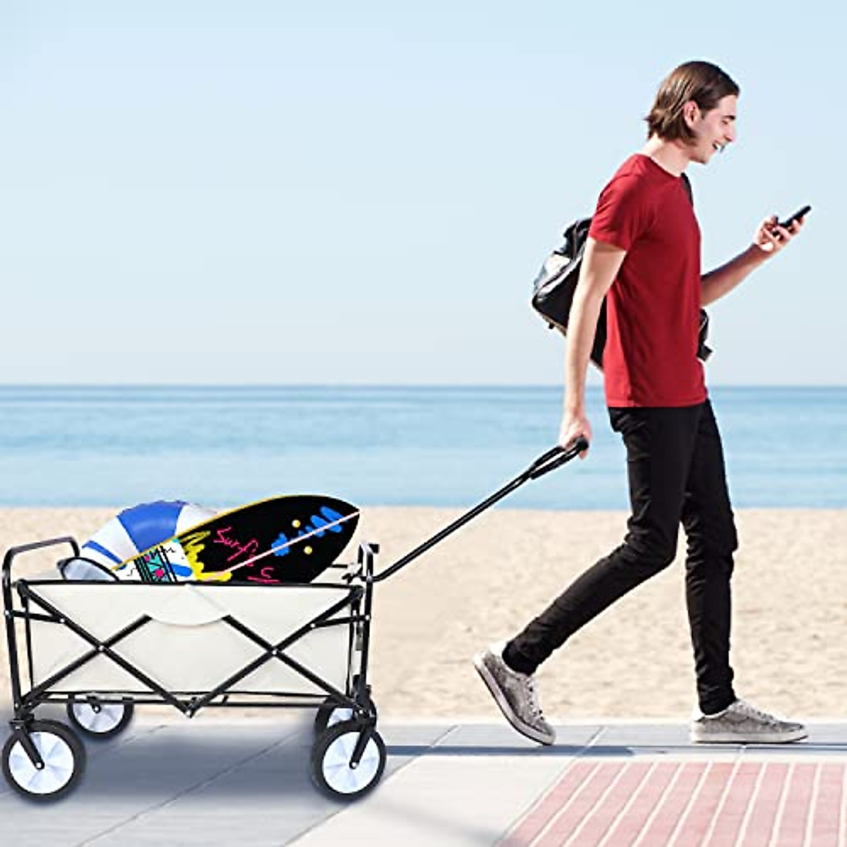 YSSOA Portable Rolling Folding Garden Cart with 360 Degree Swivel Anti-Slip Wheels & Adjustable Handle, 220lbs Weight Capacity, White