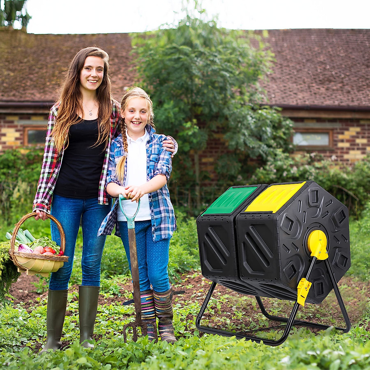 BBBuy Compost Bin Tumbling Composter Rotating w/ 2 Sliding Doors Compost Bin, Dual Chamber All Season Heavy Duty Outdoor Gardening Composting Tumblers Garden Yard (37 Gallon, Black)