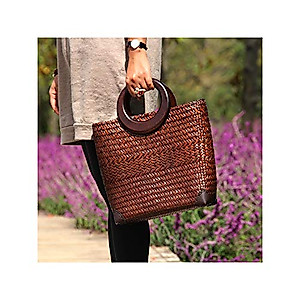 QTKJ Hand-woven Womens Straw Large Boho Handbag Bag for Women, Summer Beach Rattan Tote Travel Bag with Wood Round Top Handle (Brown)