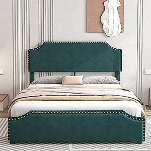 bzbbzc Queen Size Velvet Upholstered Platform Bed Frame with 4 Storage Drawers and Headboard, Rivet Curved Adjustable Headboard/Strong Wooden Slats/Easy Assembly/Green