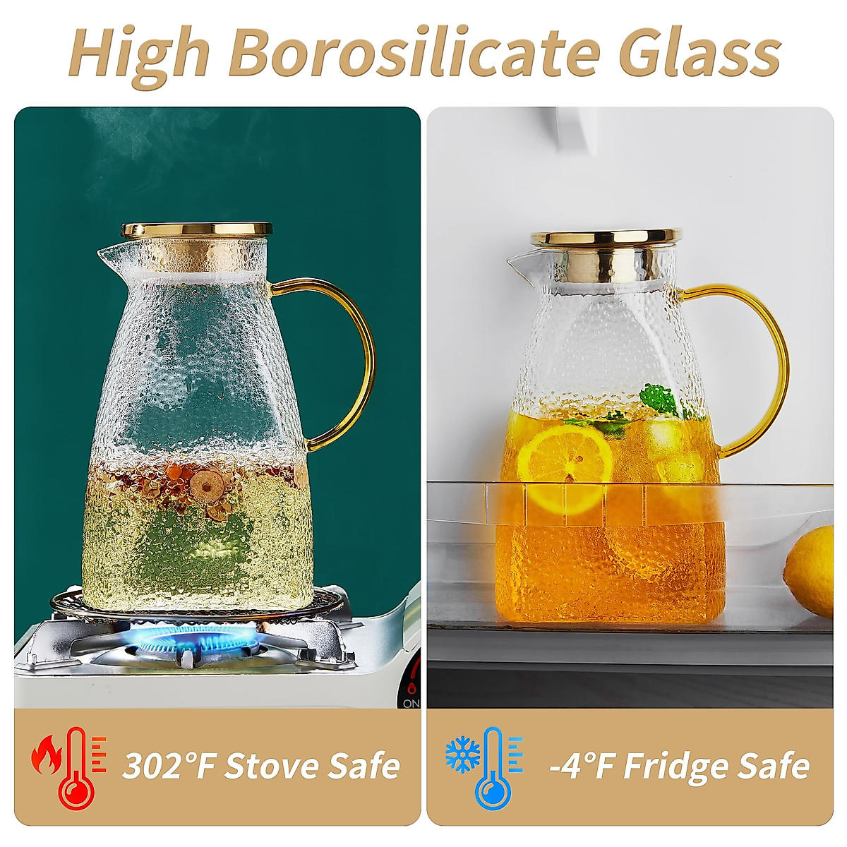 1600ml/54fl oz Glass Pitcher with Lid for Fridge Side Door, Heat Resistant Borosilicate Glass Carafe for Tea, Juice, Milk, Cold Hot Beverages, Stovetop Safe