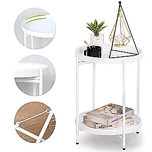 FUNME White Folding End Table 2-Tier Metal Round Side Table with Removable Tray for Living Room,(15.2”Dx20”H)