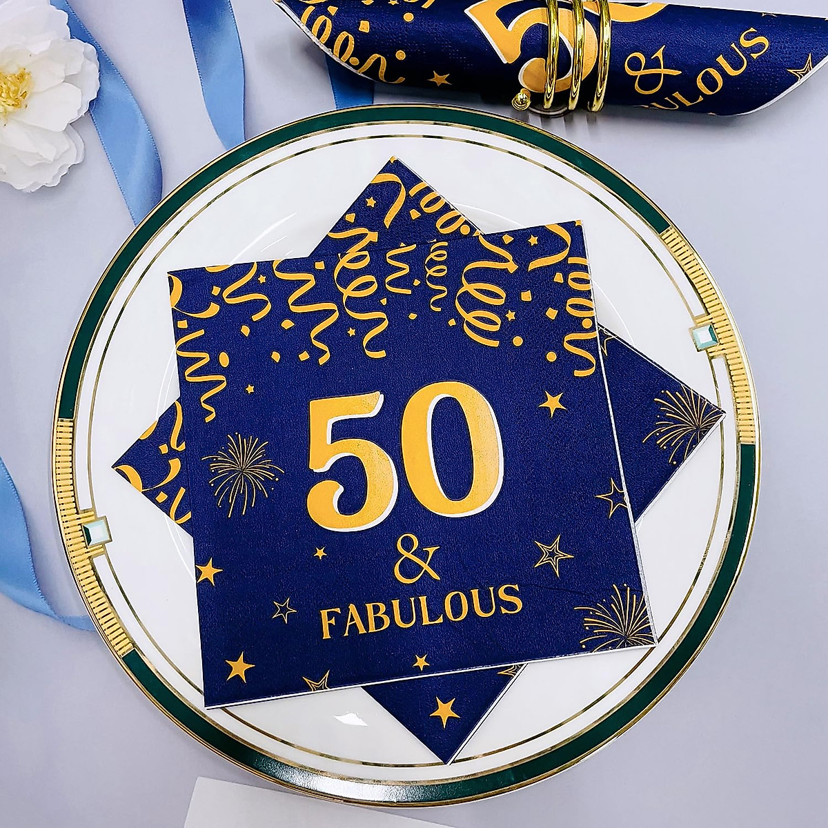 32PCS50th Birthday Happy Napkin 50th Anniversary Wedding Commemorative Napkin Blue 50th Birthday Table Decoration Party Supplies Blue Cocktail Napkin