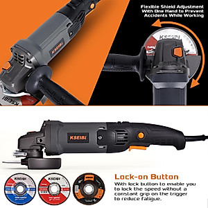 KSEIBI 711943K Angle Grinder Tool - 4 1/2 inch, 950W, 8Amps, 11000RPM, Corded Power Tools Long Handle with 7/8" Arbor Grinding and Cutting Wheels, Flap Disc, Quick Adjustable Guard, and Storage Bag