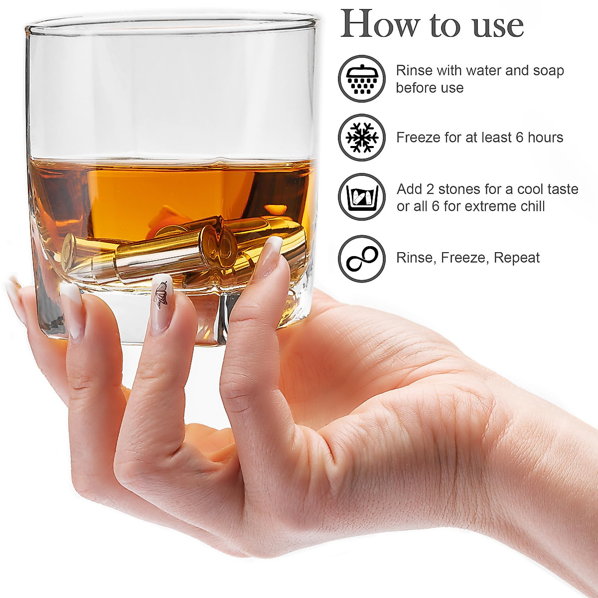 Stainless Steel Whiskey Stones Set of 6 - Gift for Him - Dad, Grandpa, Husband - Chilling Rocks for Whisky, Bourbon, Scotch with Tongs & Freezer Pouch in Premium Gift Box