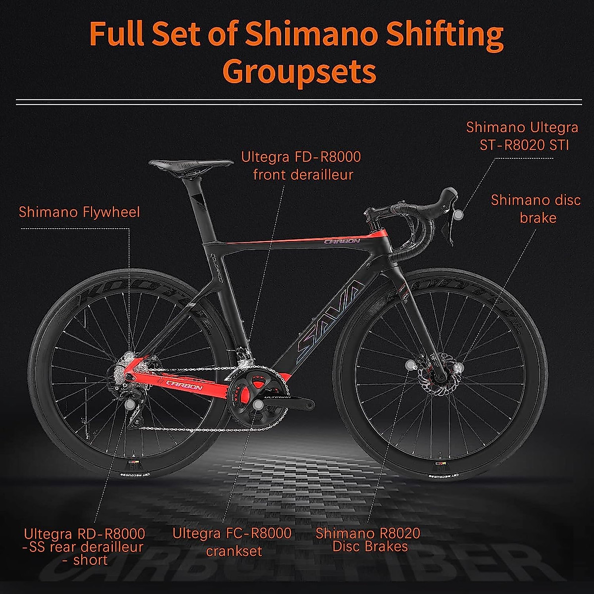 SAVADECK Carbon Fiber Road Bike, Complete Carbon Racing Road Bike 22 Speed with ULTEGRA R8000 Group Set and R8020 Hydraulic Disc Brake and Thru Axle System