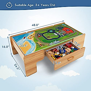 Costzon Train Table, 2 in 1 Kids Activity Table w/Storage Drawer, 100 Multicolor Pieces, Railway, Track, Cars, City, DIY Design, Reversible Tabletop, Gift for Boys Girls, Wooden Train Set (Natural)