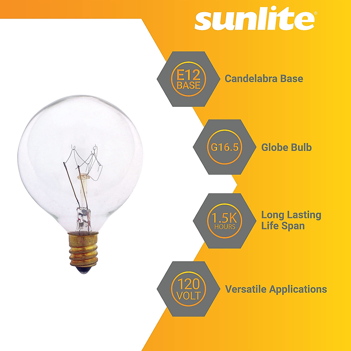 Sunlite G16.5 Incandescent Clear Globe Light Bulb, 15 Watts, 105 Lumens, 120 Volts, Candelabra E12 Screw Base, Title-20 Compliant, 2600K Warm White, 12 Pack