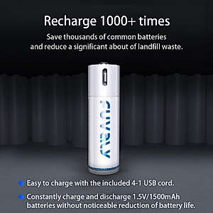 FUVALY USB Rechargeable AA Batteries 1500mAh High Capacity 1.5V Fast Charging Lithium Rechargeable Batteries with 4 in 1 USB Charging Cable can be Charged Either by 5V Charger or USB (4 Pack)