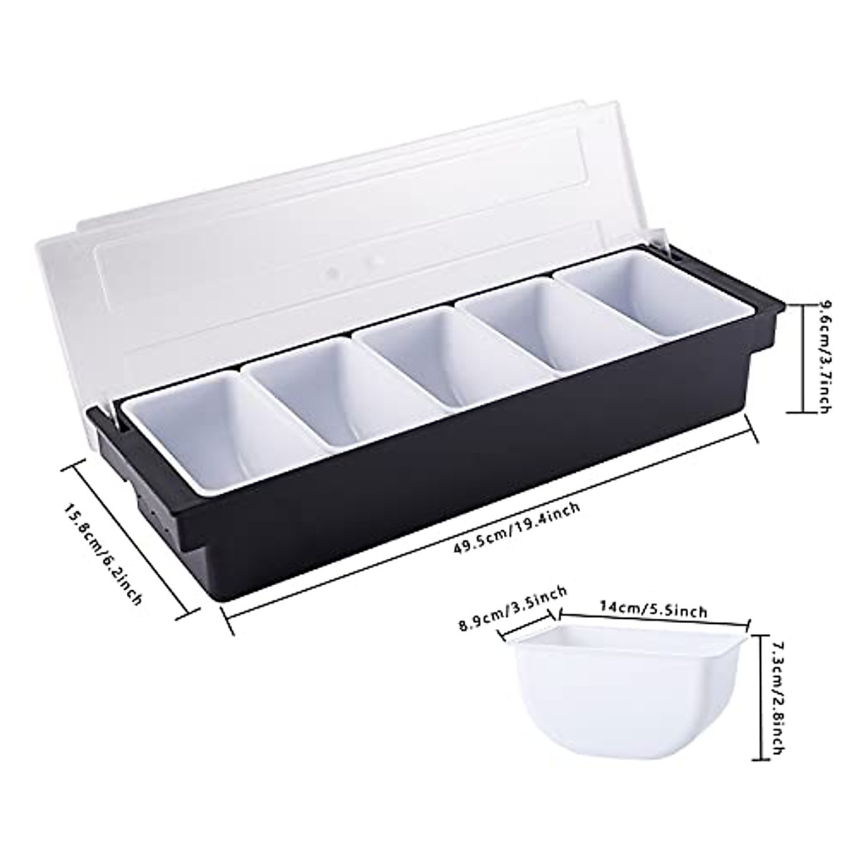 5 Compartment Plastic Dispenser Fruit Veggie Condiment Caddy with Lid，Ice Cooled Condiment Serving Container Chilled Garnish Tray Bar Caddy for Home Work or Restaurant (Black)