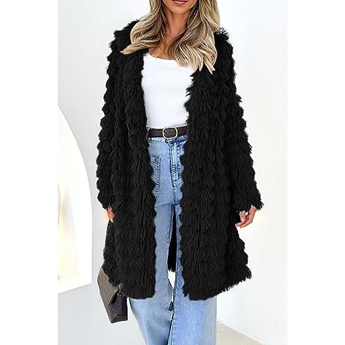 PRETTYGARDEN Women's Winter Faux Fur Jackets Fall Fashion Open Front Long Shaggy Coat Outerwear (Black,Medium)