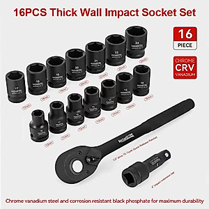 Meiwaltee 1/2-Inch Drive Metric Shallow impact Socket Set,16 PCS Metric 10-24mm Set,Includes 72-Tooth Ratchet and 3'' Extension Bar,Cr-V, 6 Point