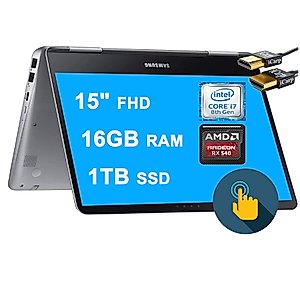 SAMSUNG Notebook 9 Pro 2 in 1 Laptop 15" FHD Touchscreen 8th Gen Intel Quad-Core i7-8550U 16GB DDR4 1TB SSD 2GB AMD Radeon 540 Backlit KB USB-C Pen Win 10 + HDMI Cable