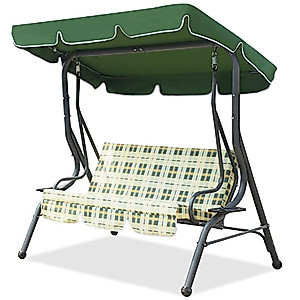 Zupapa Upgraded Outdoor Patio Swing Chair w/Thickened 3-Person Armrest Seat, Canopy Swing w/Adjustable Shading, Reinforced Powder-Coated Swing Sets for Backyard, Porch, Poolside, Balcony - Checked