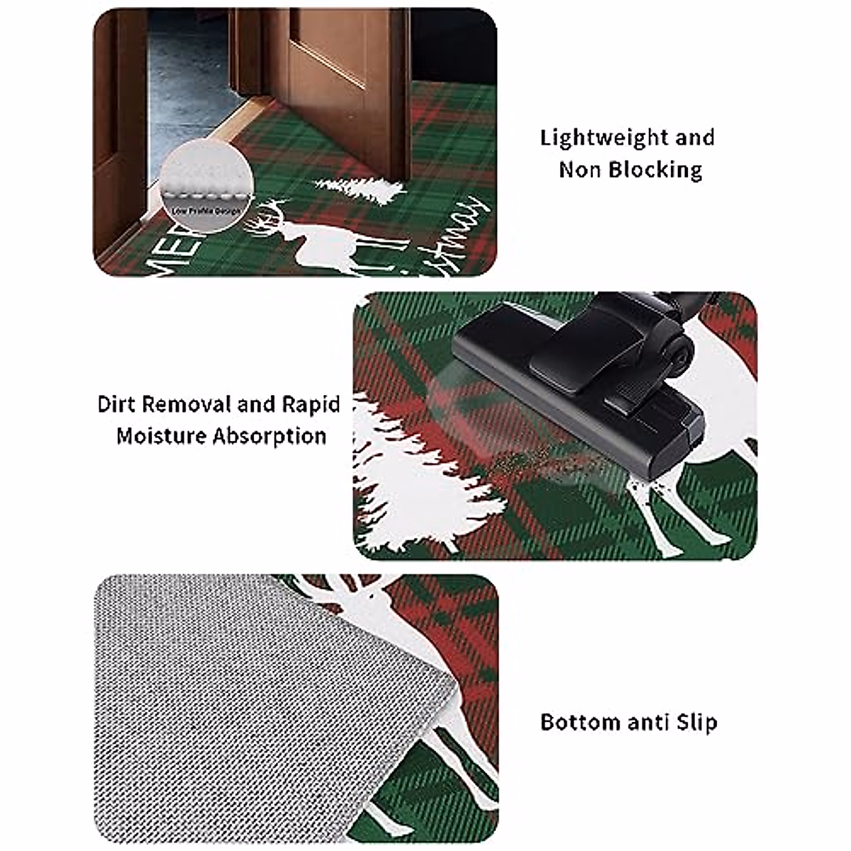 Welcome Mats, Merry Christmas Elk and Christmas Tree Red and Green Plaid Door Mat, Non-Slip Absorbent Large 24x71 Inch Outdoor Indoor Mat Low-Profile Floor Mat Doormat for Entryway/Patio/Garage