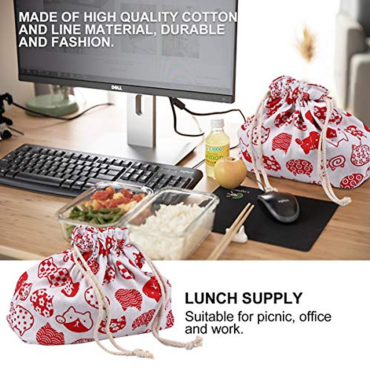 NUOBESTY Lunch Box Pouch with Drawstring Japanese Portable for Bento Boxes Tote Bag Picnic Office Outdoor Lunch Storage Handy Bags Cat Printed Red