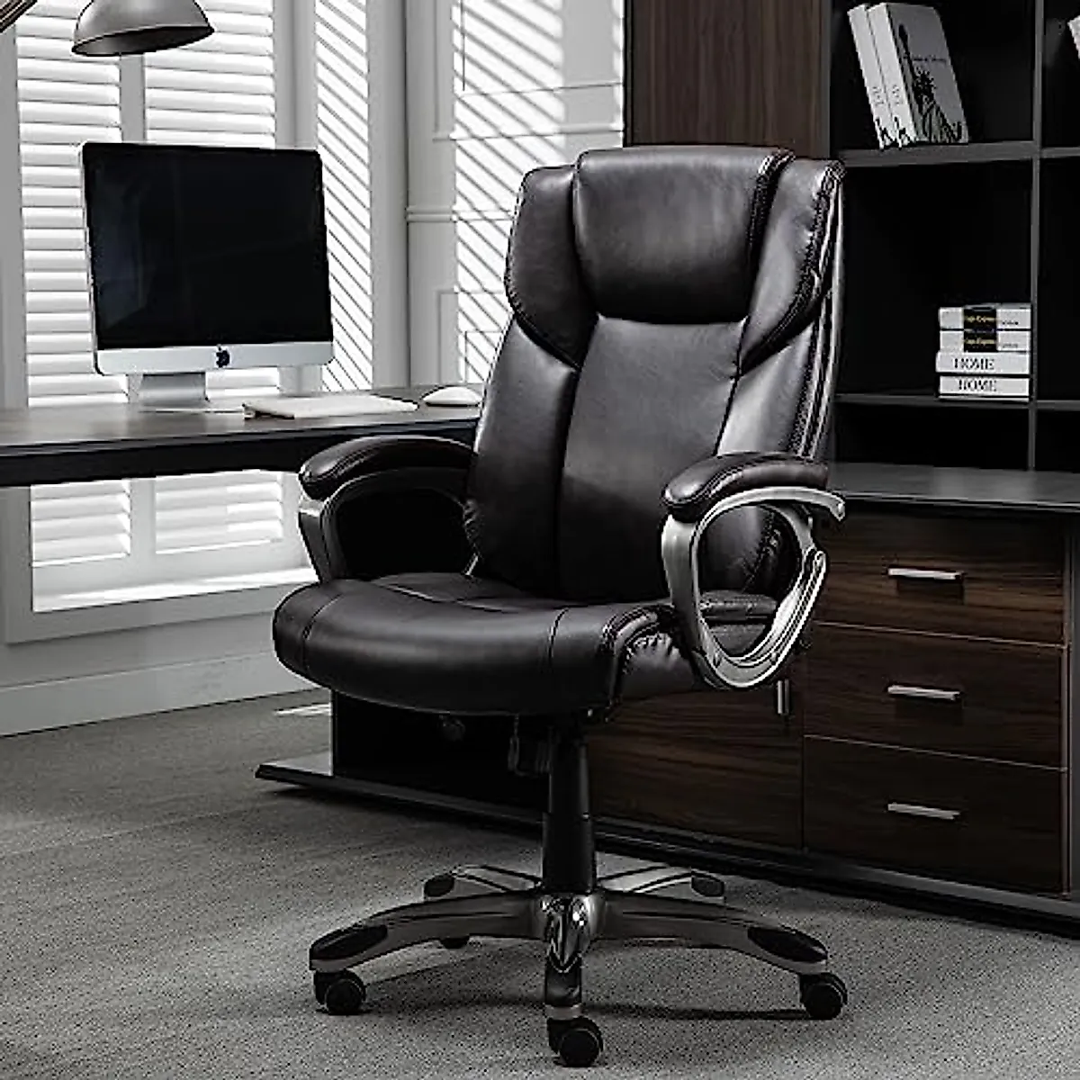 JC Home Executive Swivel Desk Silver Finished Padded Armrest and Chrome Frame Office Chair (Brown)
