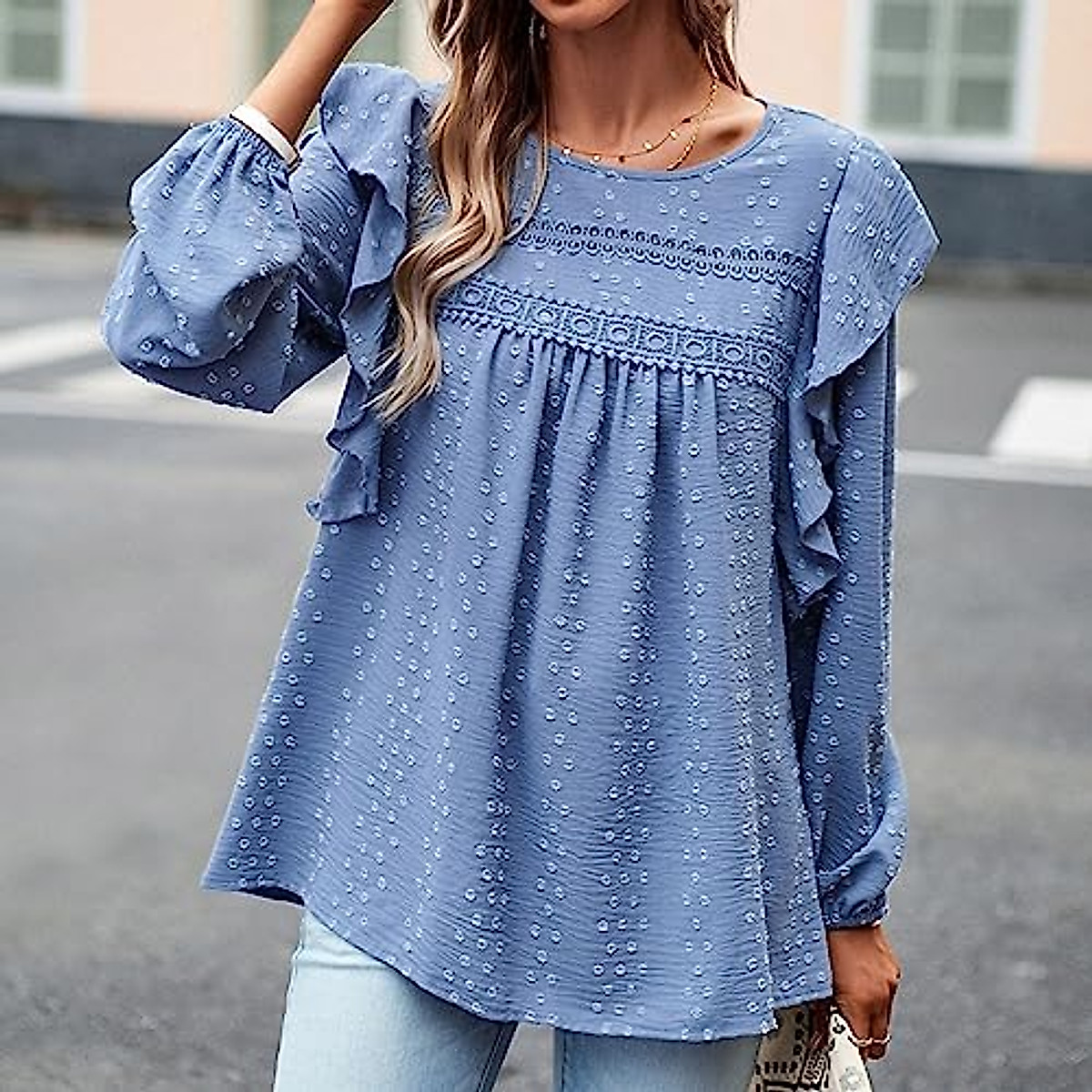 Orders Placed by me Womens Tops Dressy Casual Solid Color Long Sleeve Round Neck Blouses Swiss Dot Flowy Pleated Stylish Shirts Blue M