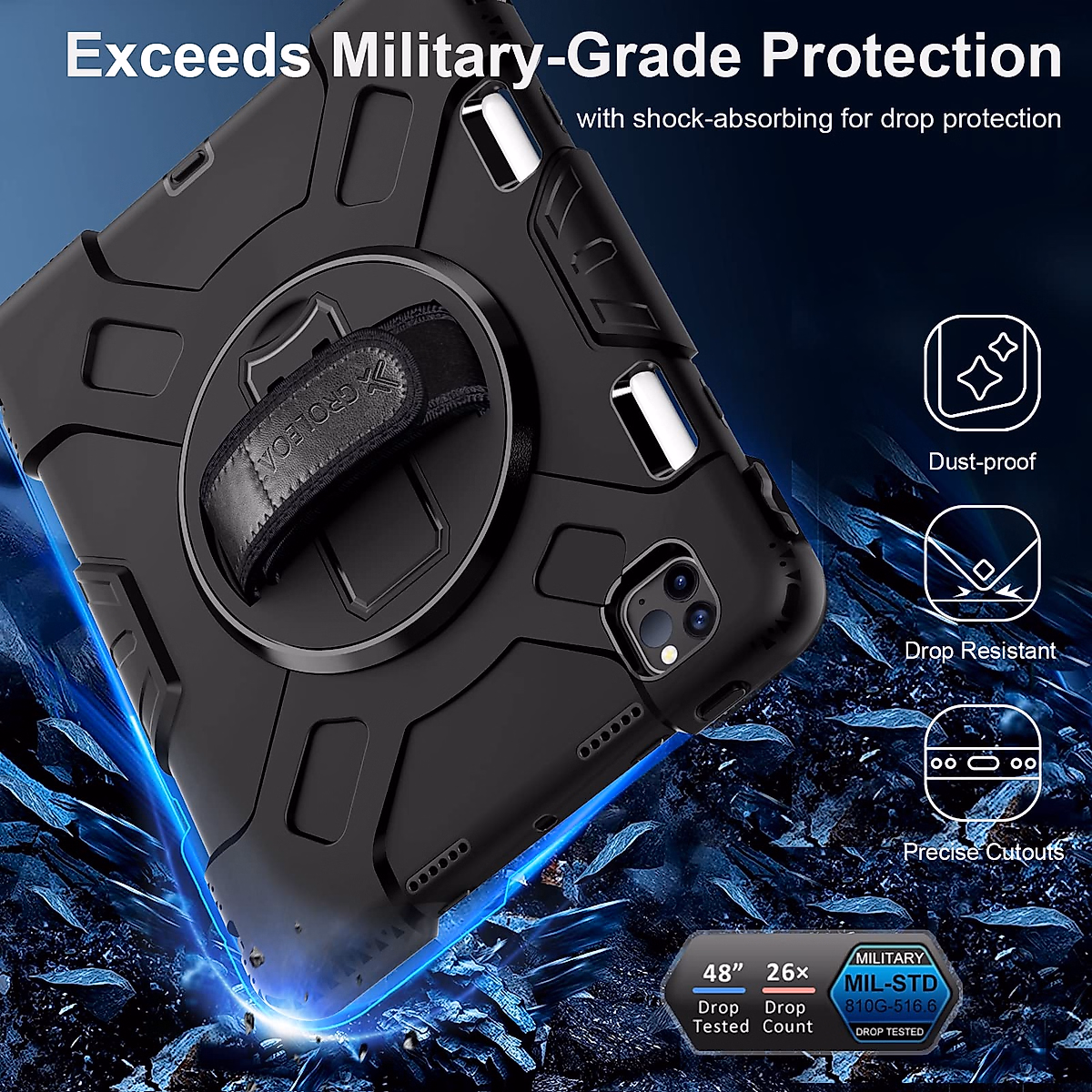 GROLEOA Case for iPad Pro 11 inch 2022/2021: Military Grade Shockproof Protective Cover with Screen Protector for iPad Pro 11 4th Gen 2022 / 3rd Gen 2021 + Pencil Holder + Stand + Strap- Black